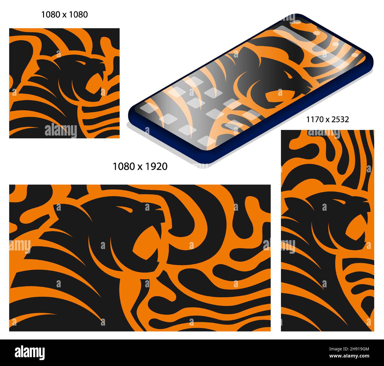 abstract background with stripes of tiger skin and Silhouettes of head ...