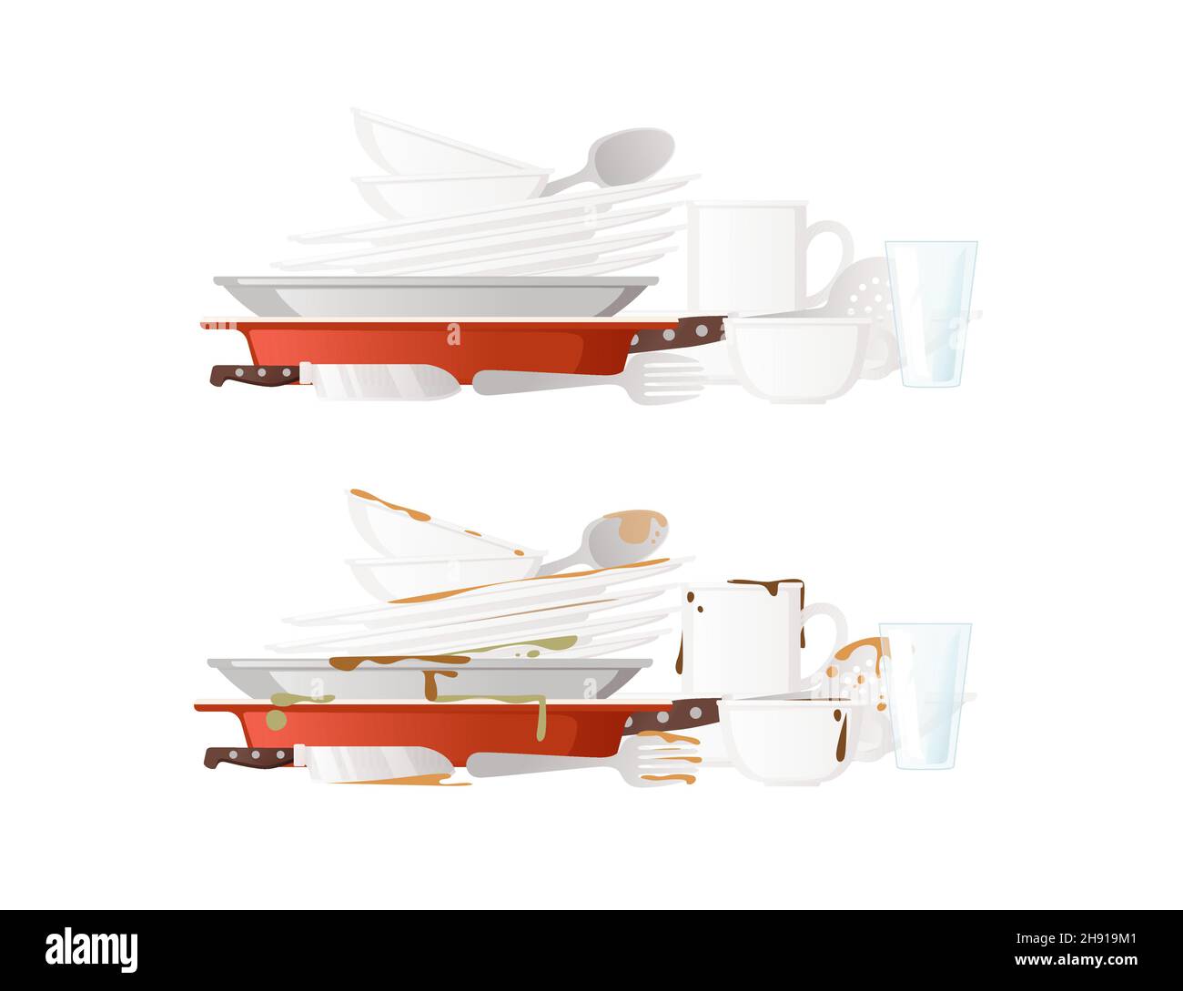 Dirty and clean dishes before and after vector illustration on white ...