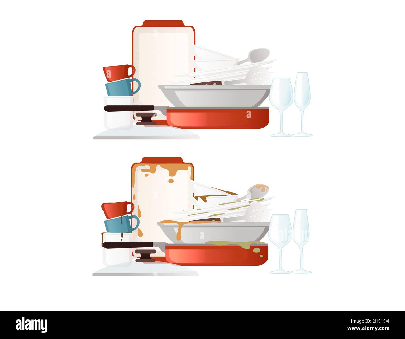 Dirty and clean dishes before and after vector illustration on white ...
