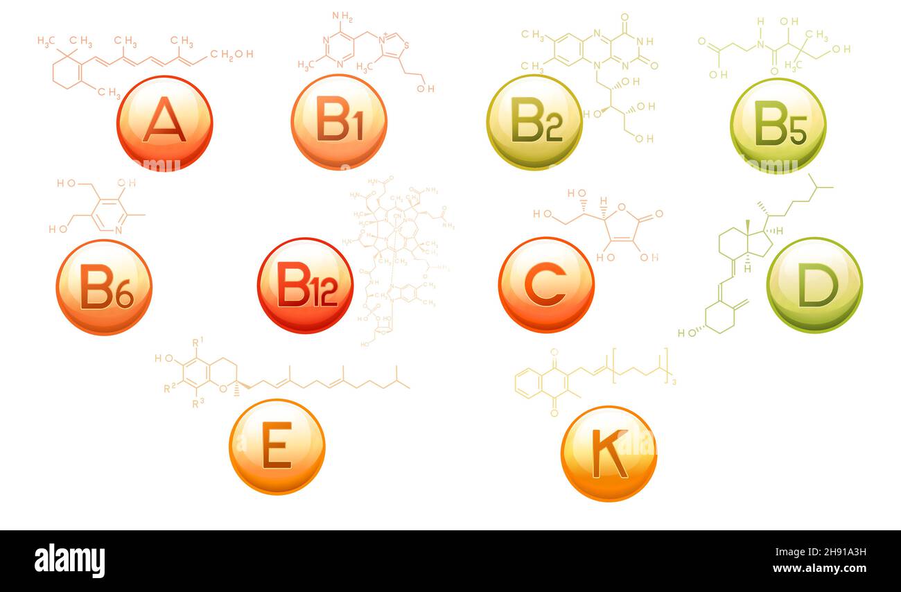 Set of vitamins capsule with molecular formula and structure vector ...