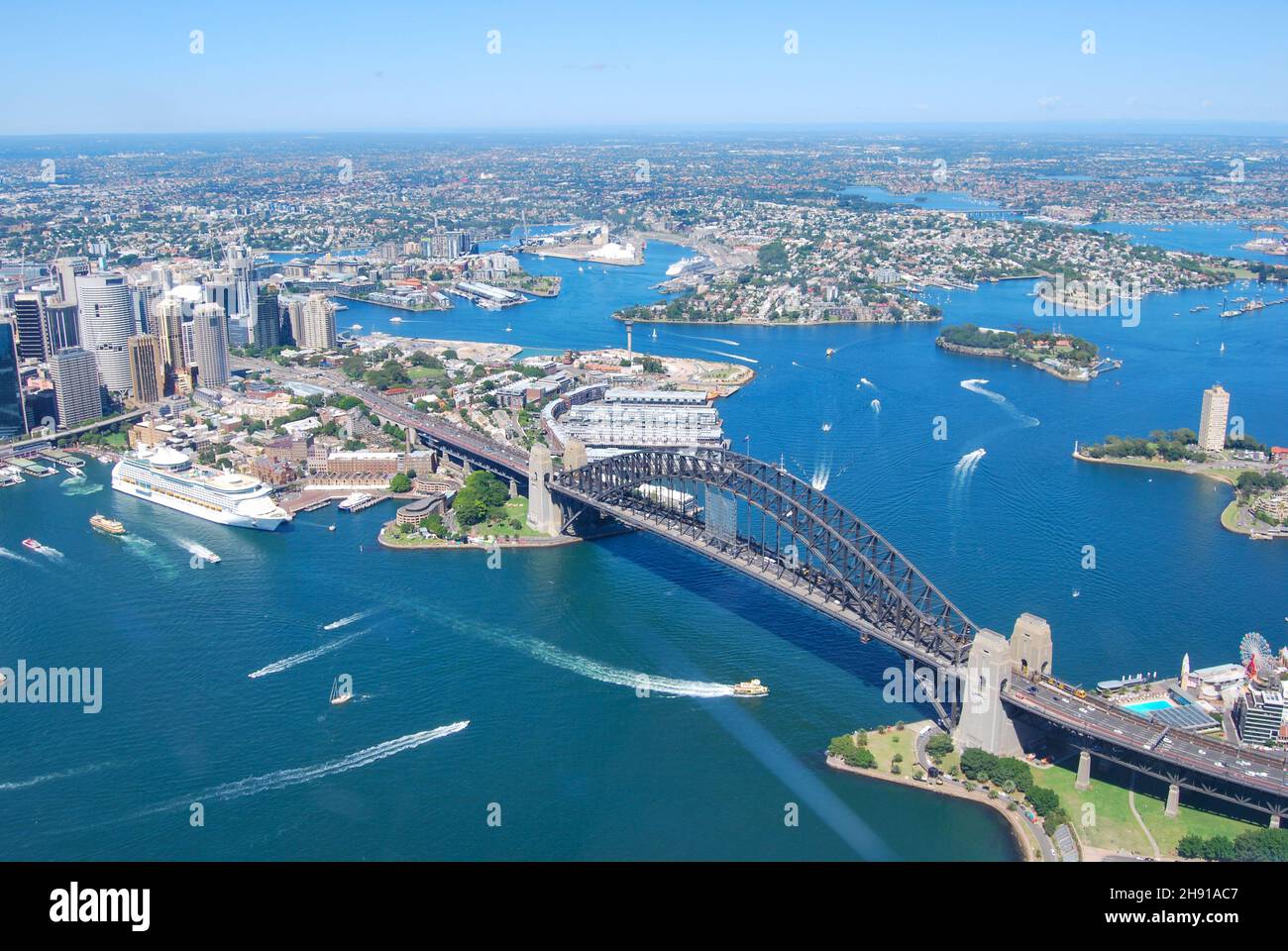 Aerial view of Sydney Harbour Bridge surrounded by water Stock Photo ...