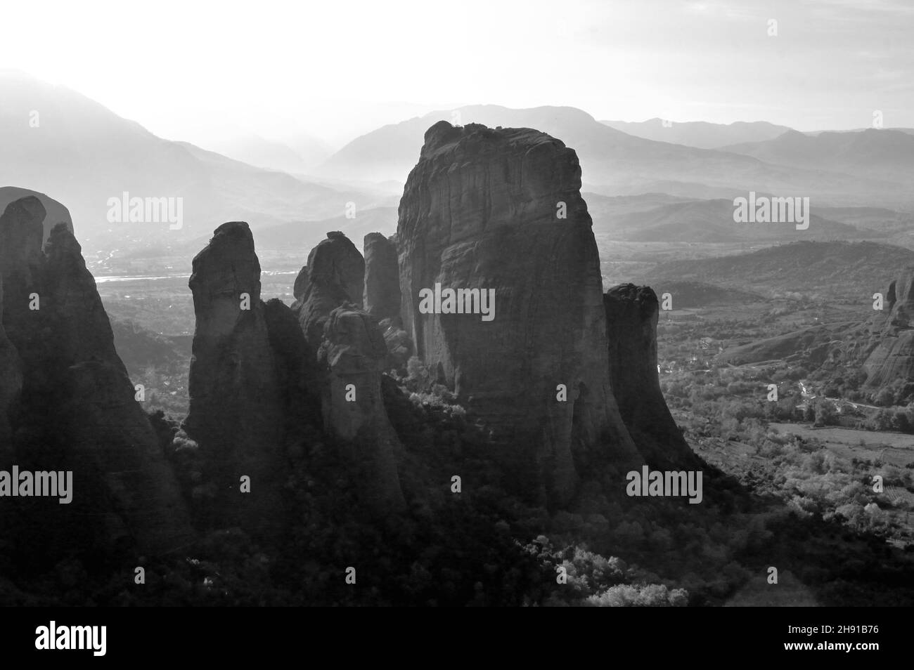Black and white shot of Meteora monasteries in Kalampaka, Greece Stock ...
