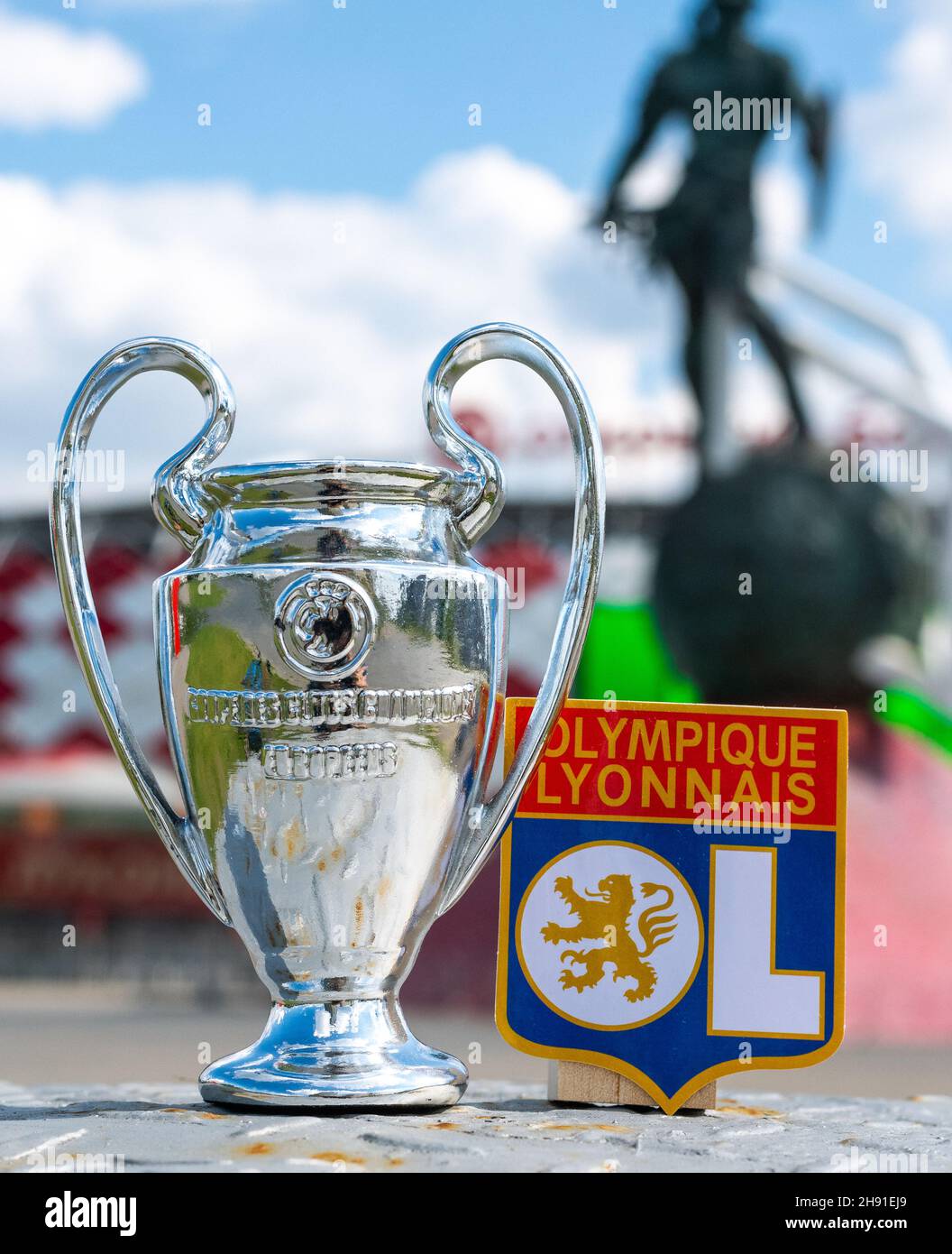 June 14, 2021, Lyon, France. The emblem of the football club Olympique ...