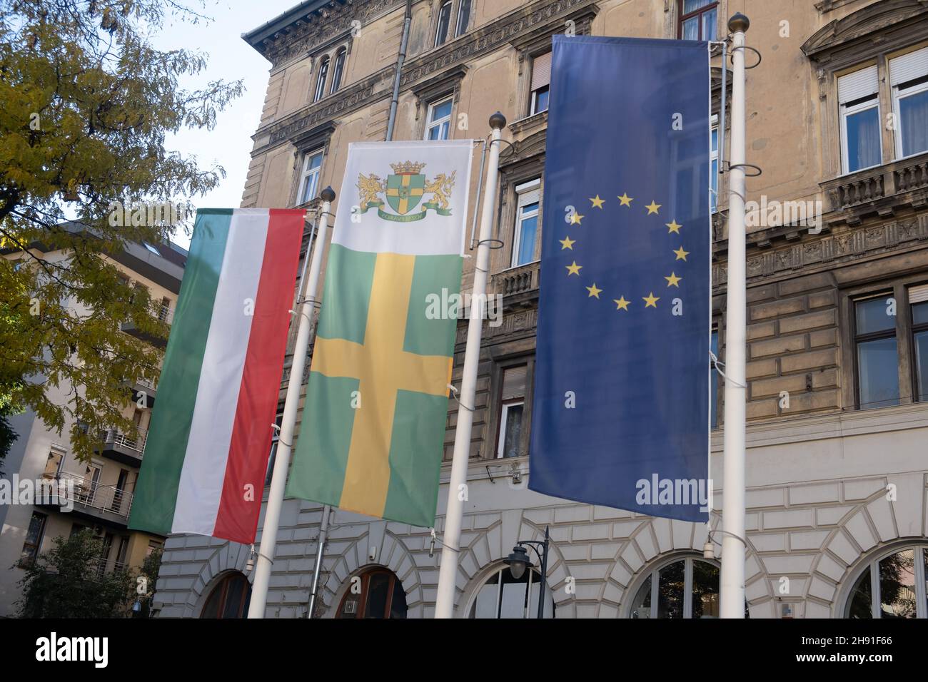 Hungarian national flag, Budapest district flag and European Union flag, EU and Hungary Stock ...
