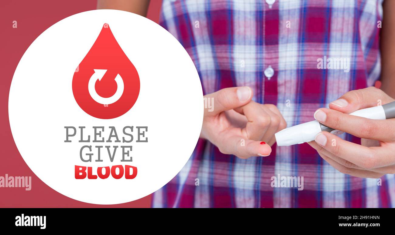 Digital composite image of please give blood sign over woman midsection ...