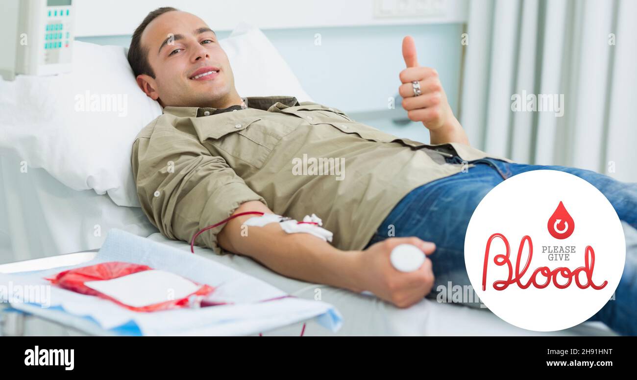 Portrait of smiling male donor showing thumbs up lying on bed donating ...
