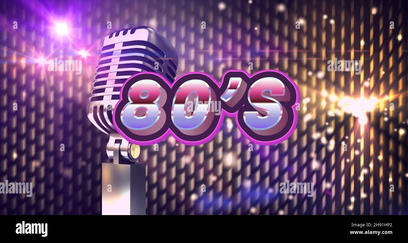 Composite image of retro microphone with 80's against illuminated ...