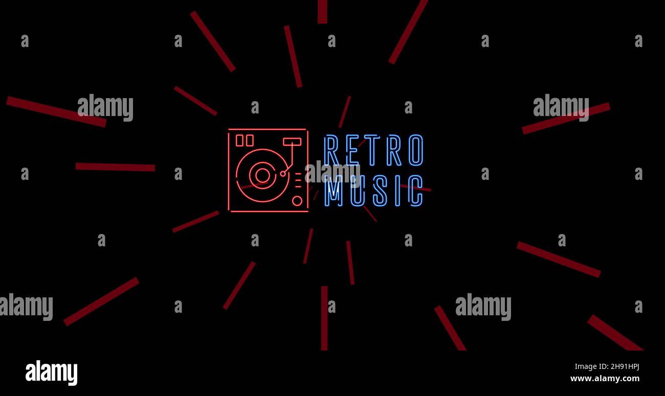 Digitally generated image of retro music text and turntable with copy ...