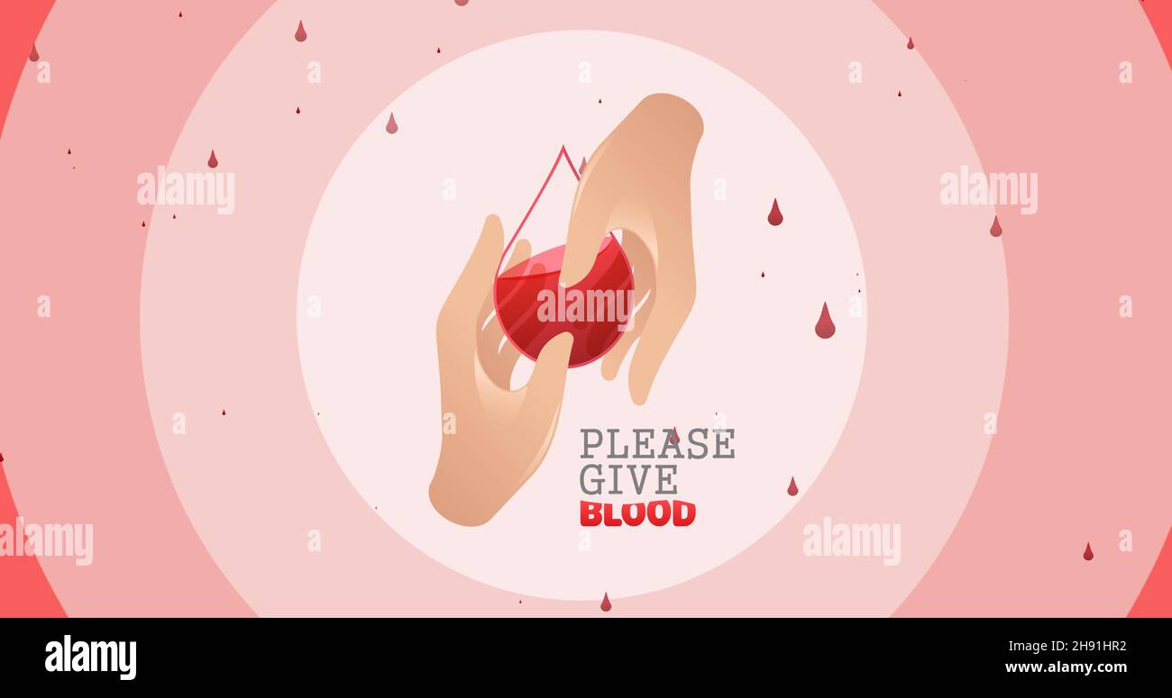 Digital composite image of hands holding drop by please give blood ...