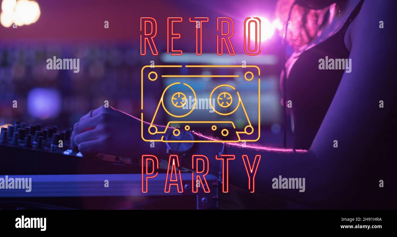 Composite image of retro party text with female dj operating sound ...