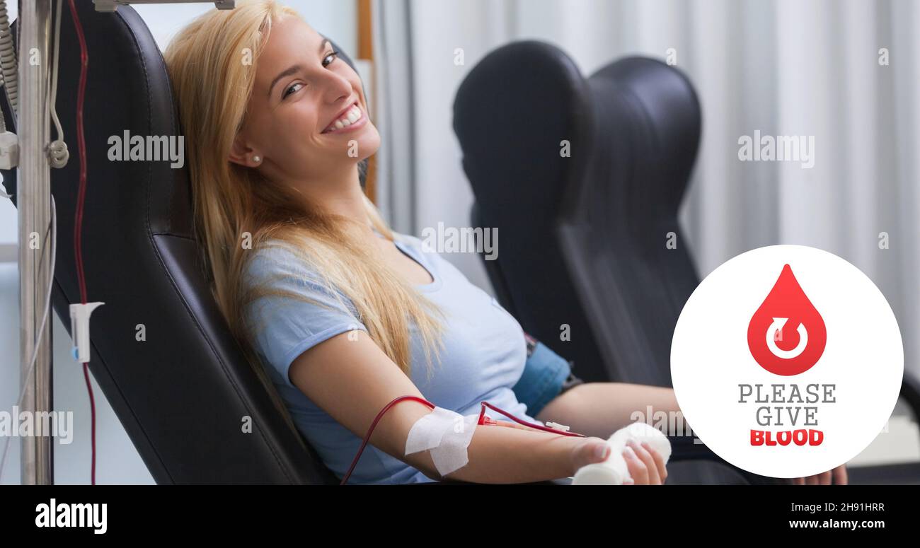 Portrait of smiling young woman donating blood sitting on chair by ...