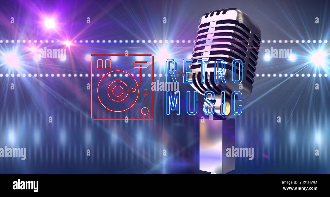 Composite image of retro music text and turntable against illuminated ...