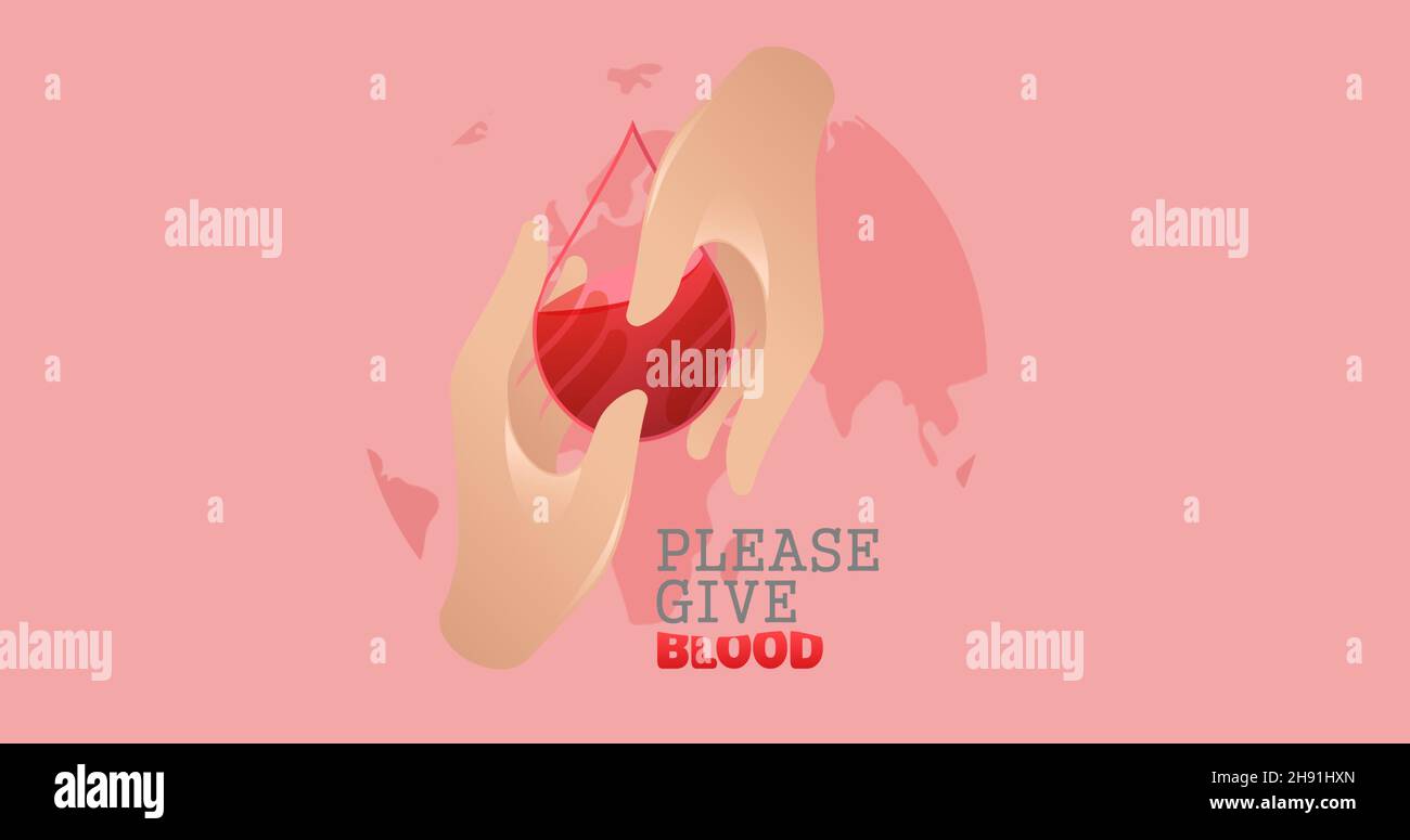 Digital composite image of hands holding drop symbol with please give ...