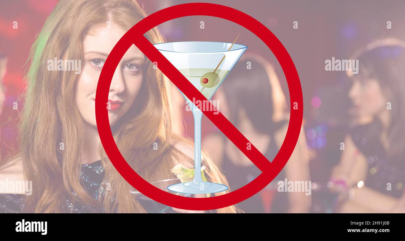 Digital composite image of no cocktail sign over woman at night club ...