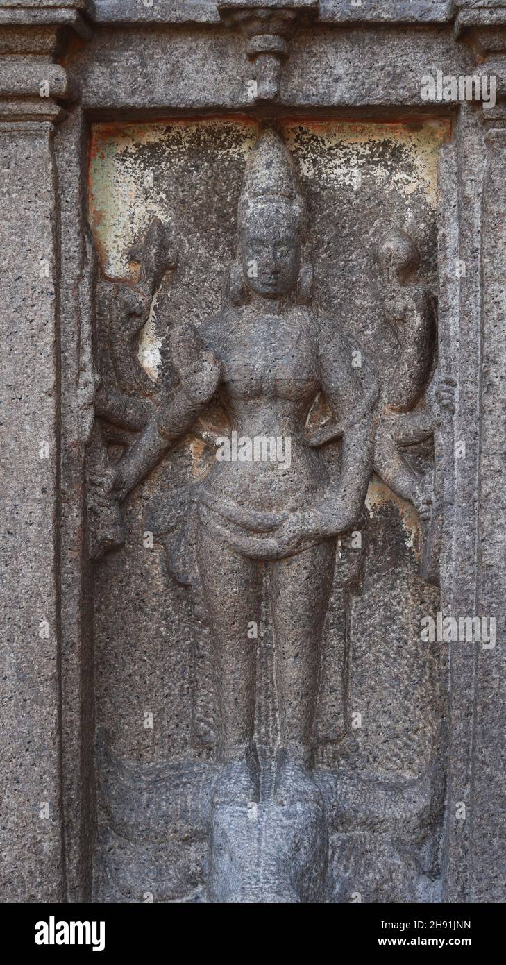 Statue of a Hindu god carved in stone. The rock is located in the ...