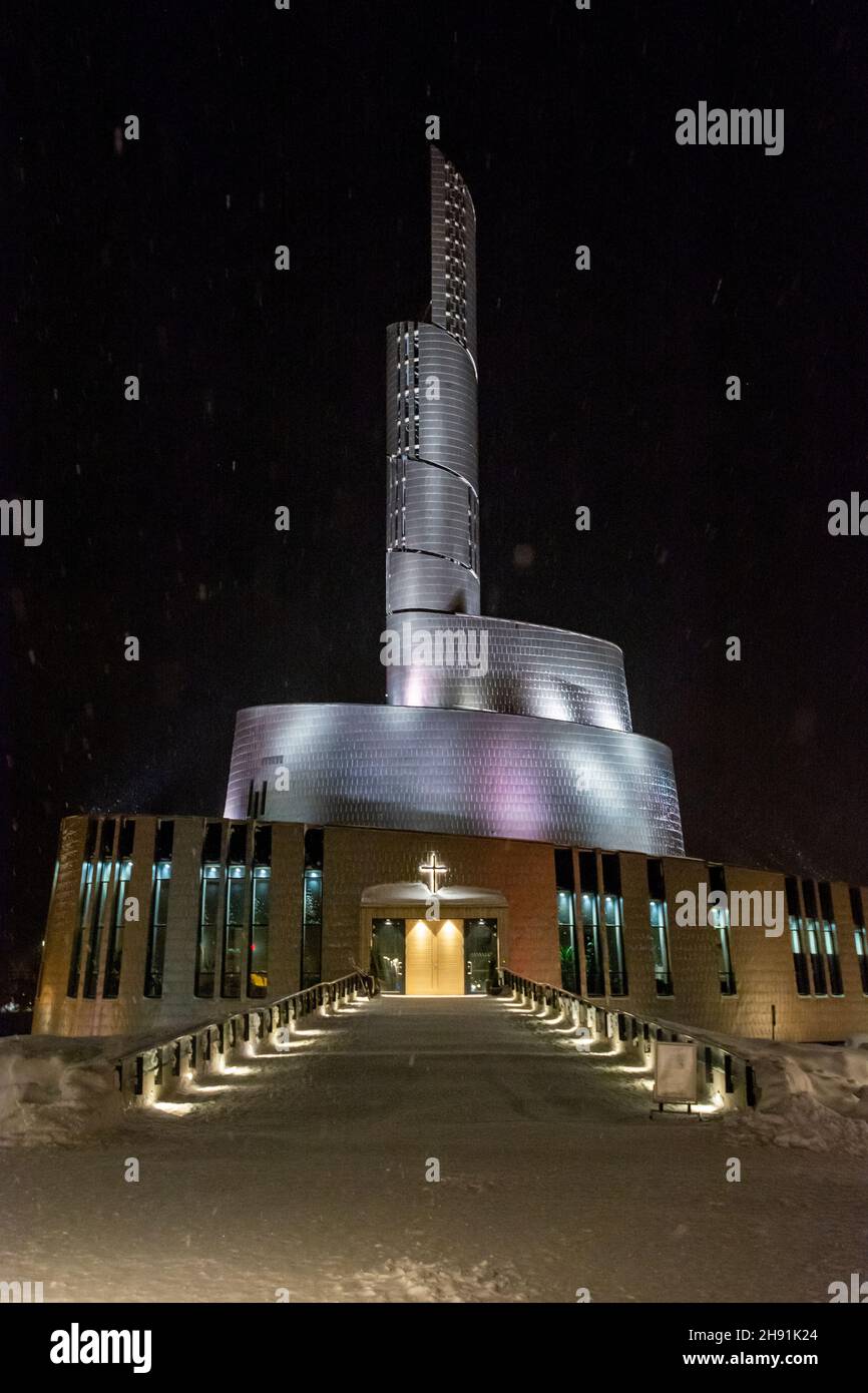 The Northern Lights Cathedral - Alta Church at night in snowy weather ...
