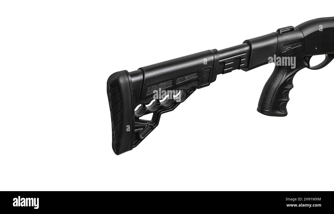 Pump-action 12 gauge shotgun isolated on a white background. A smooth ...