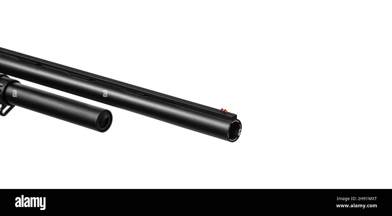 Pump-action 12 gauge shotgun isolated on a white background. A smooth ...