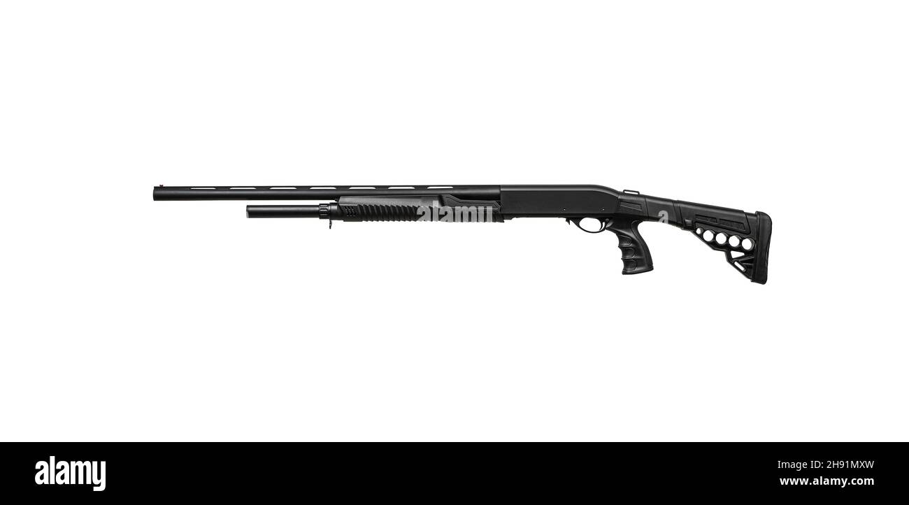 Pump-action 12 gauge shotgun isolated on a white background. A smooth ...