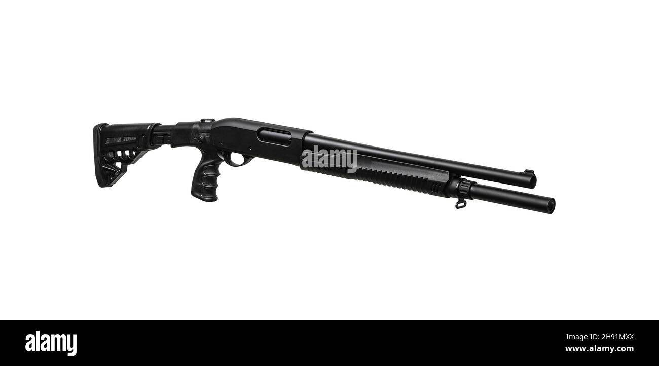 Pump-action 12 gauge shotgun isolated on a white background. A smooth ...