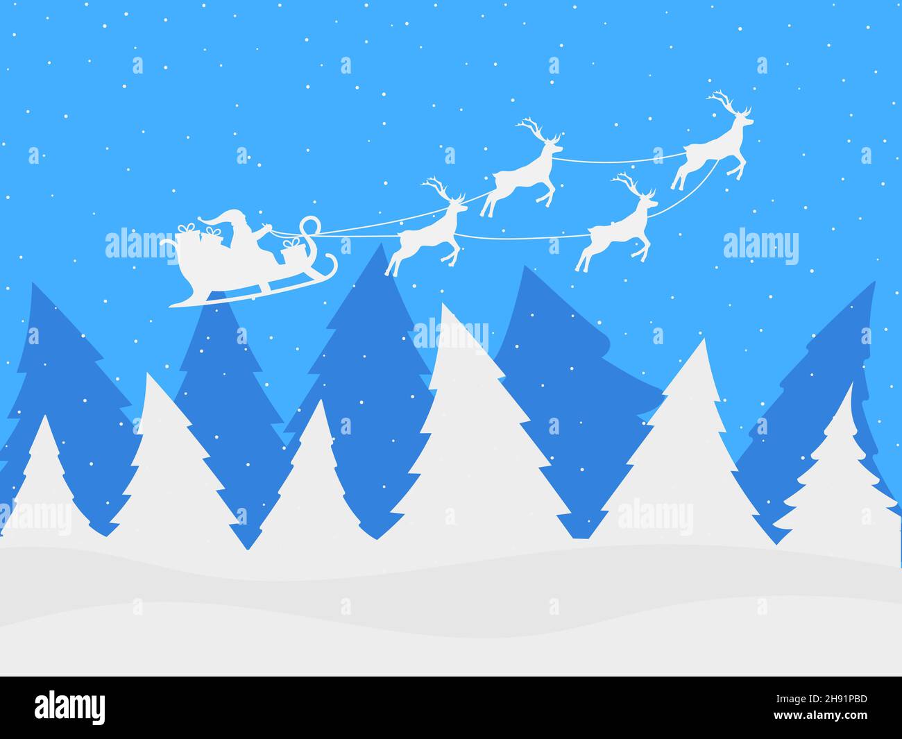 Santa Claus in a sleigh with reindeer on a winter landscape with fir ...