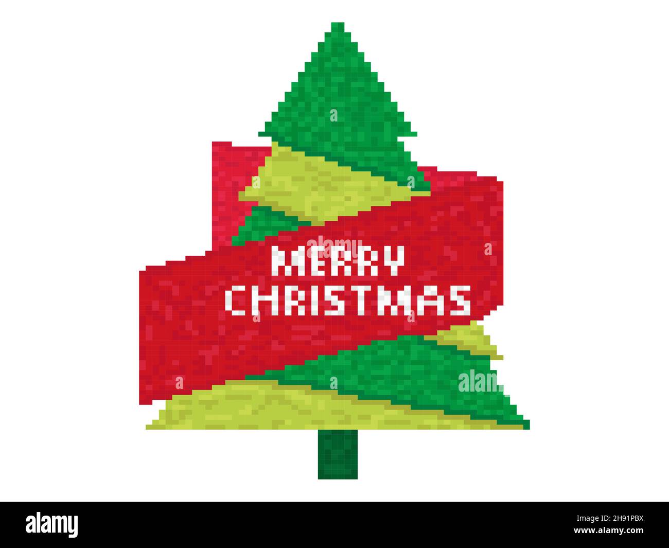 Pixel art Merry Christmas. 8-bit Christmas tree with ribbon in 80s ...
