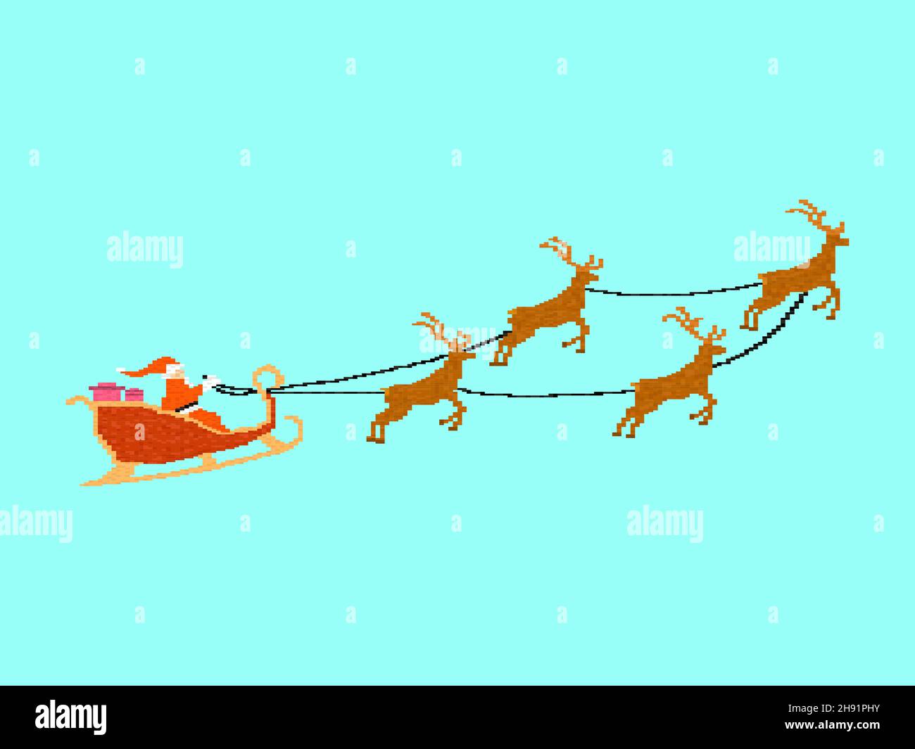 Pixel art Santa Claus in a sleigh with reindeer. Retro 8-bit 80s style ...