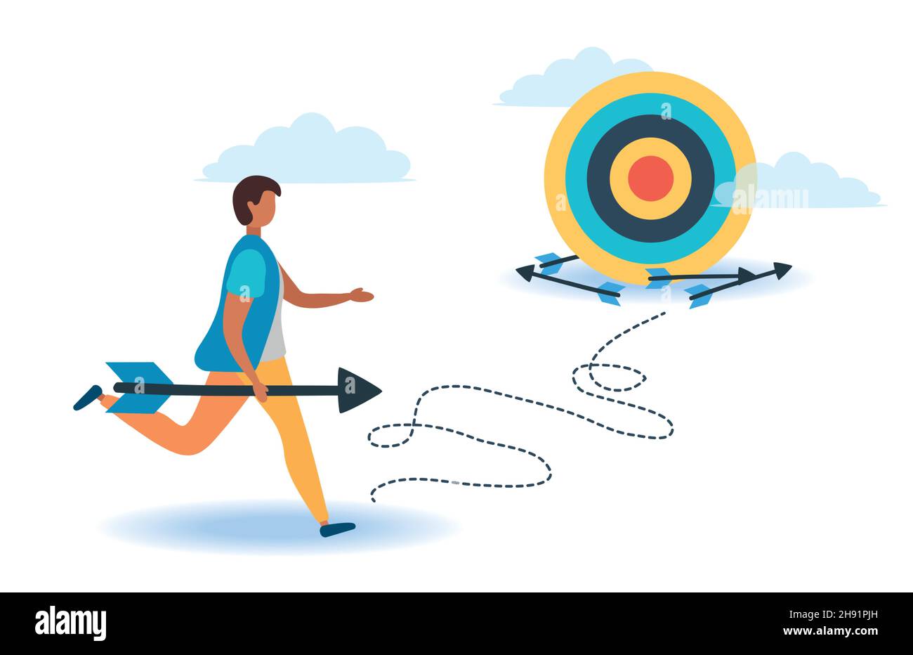 A man with an arrow is running towards his goal along a winding road ...