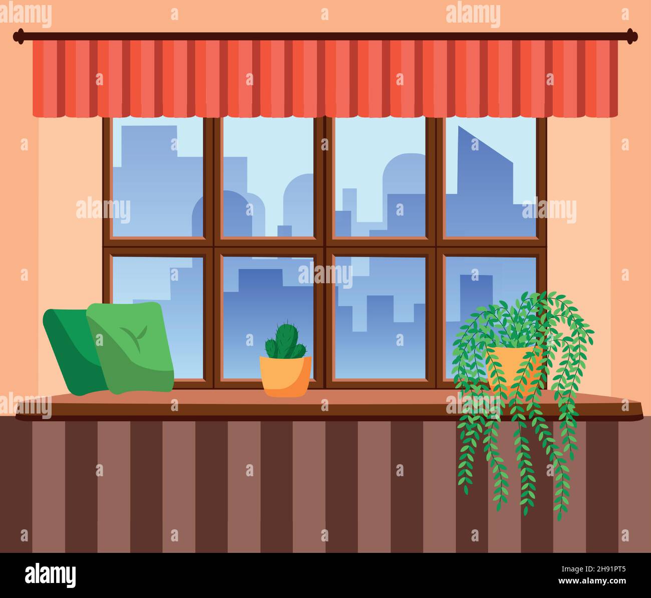 Flat style window with flowers, cat, pillows, curtains. View from the ...