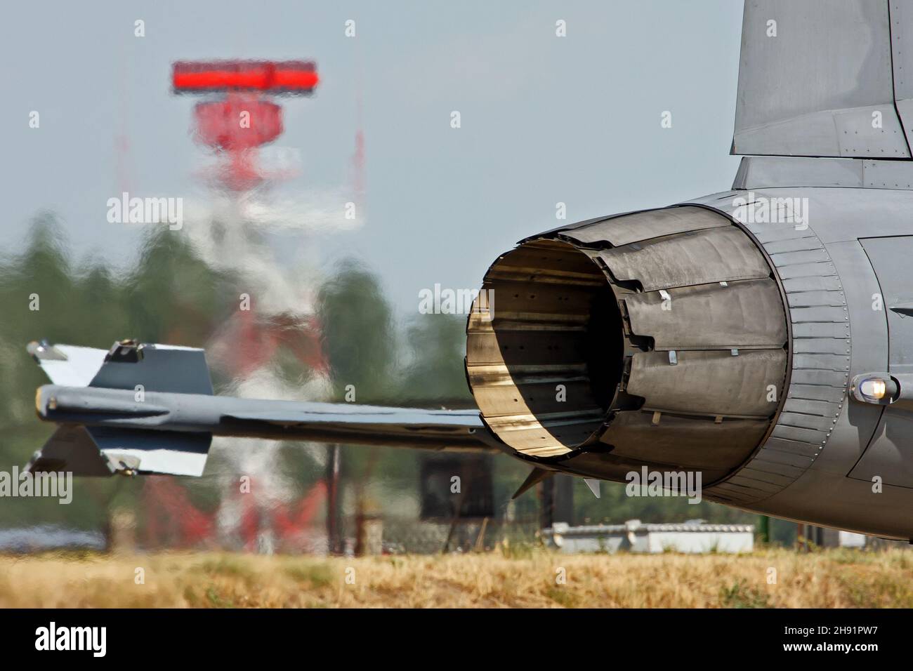 KECSKEMET, HUNGARY - Aug 09, 2013: Heat stream from a fighter jet ...