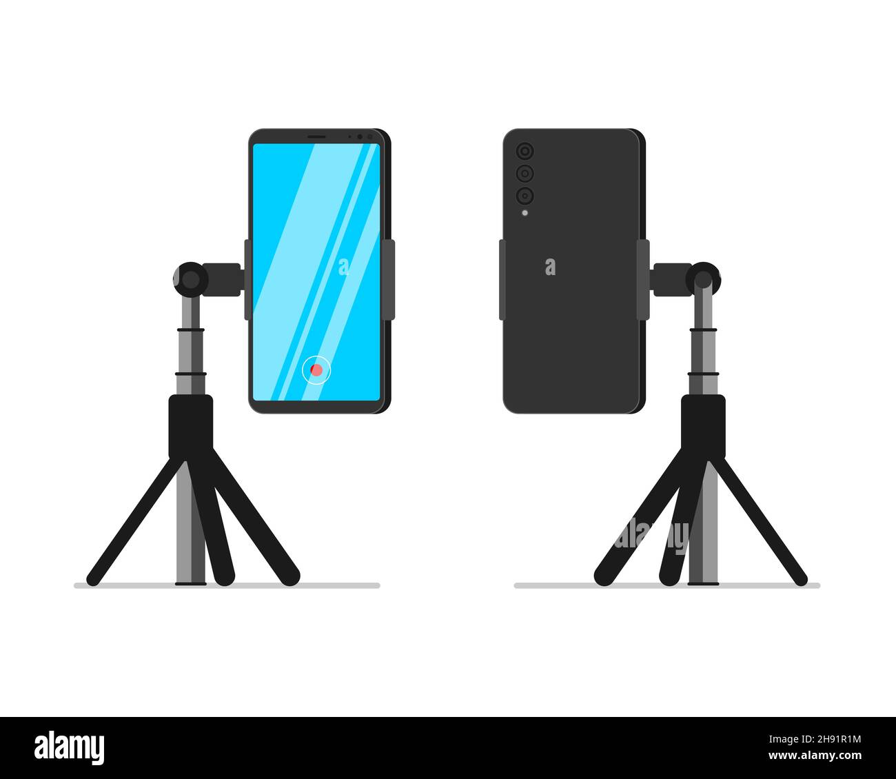 Smartphone on tripod vertical stand front and back view set. Mobile ...
