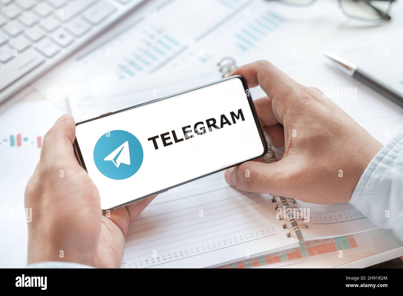 Logo of Telegram group chatting application, page in mobile phone ...