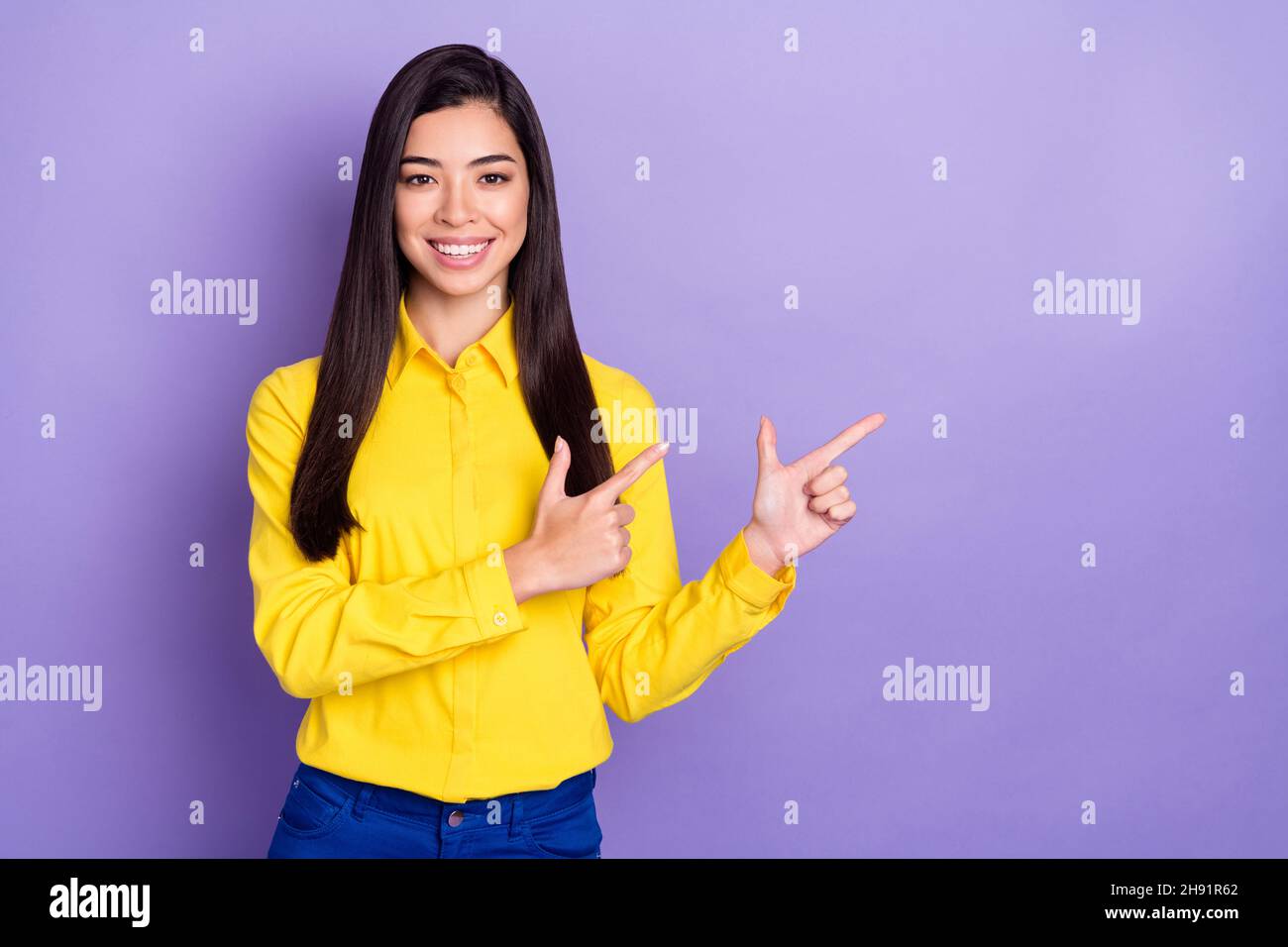 Photo of attractive young pretty lady point fingers empty space promo ...