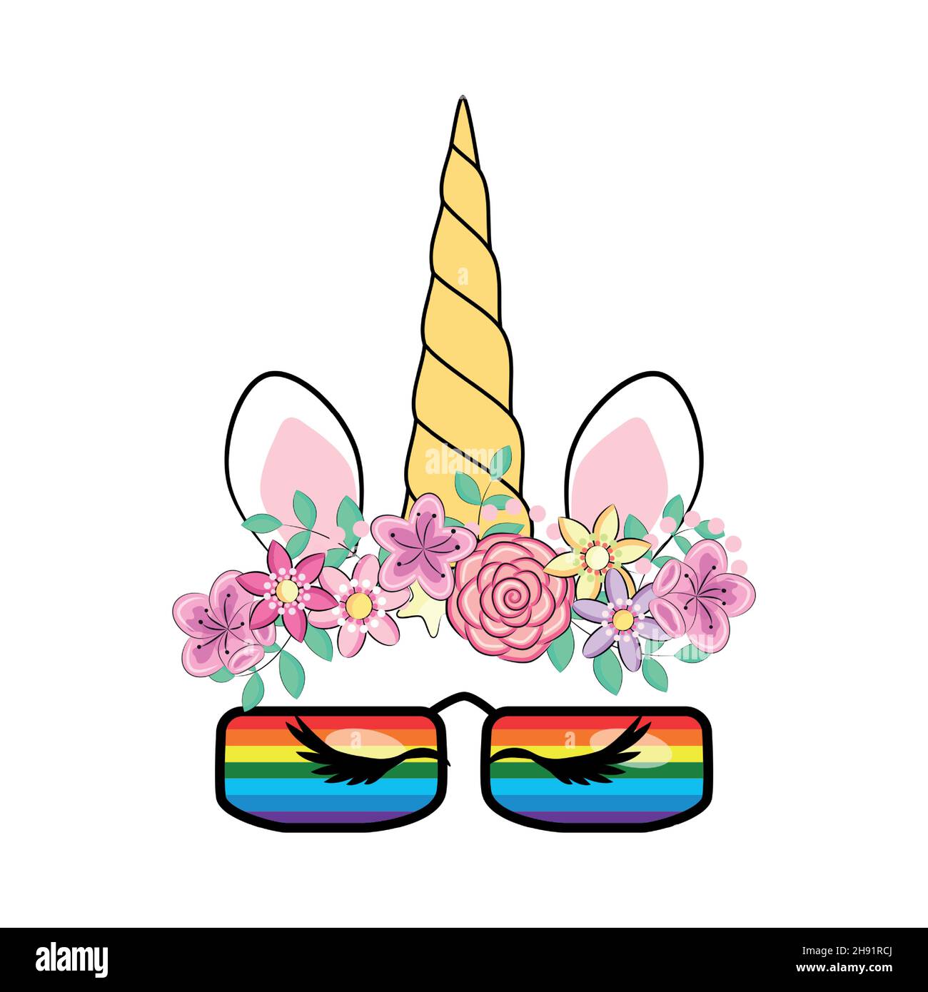 Illustration of a cute unicorn face in sunglasses. Rainbow, hearts ...