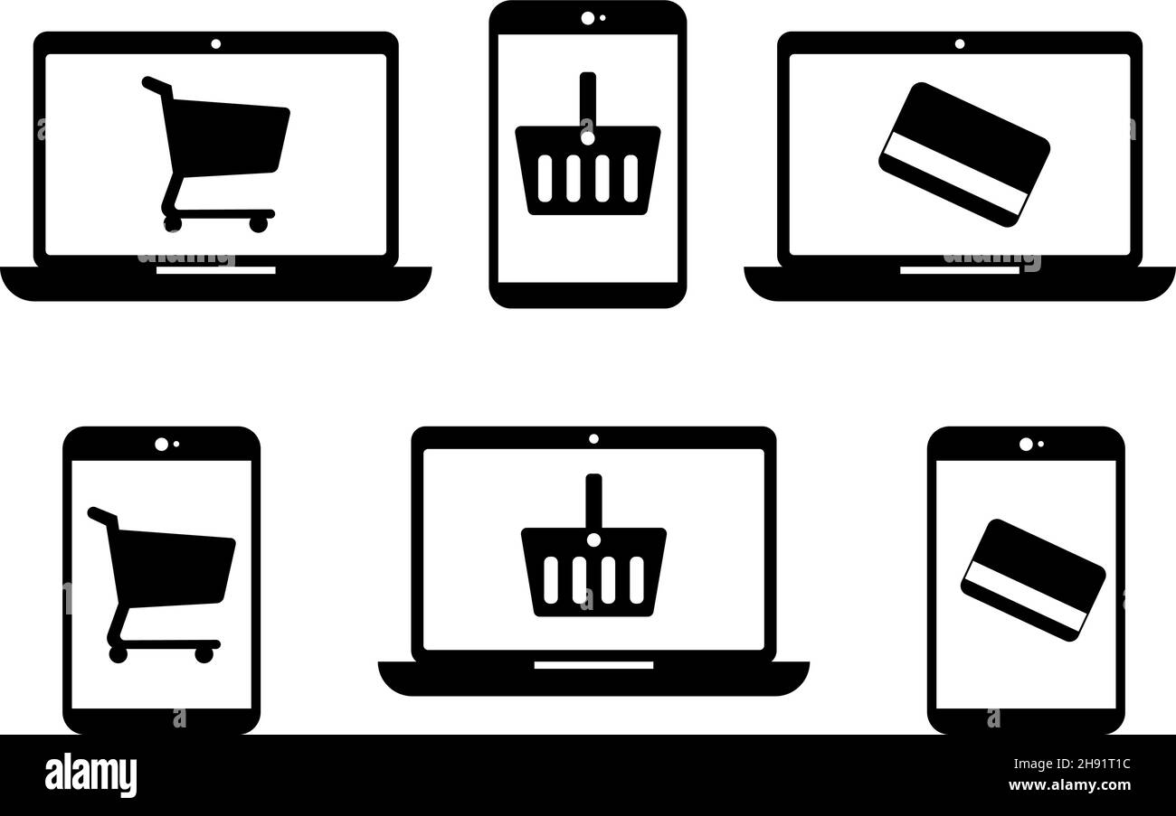Online shopping purchasing. Laptop cell mobile phone with basket ...