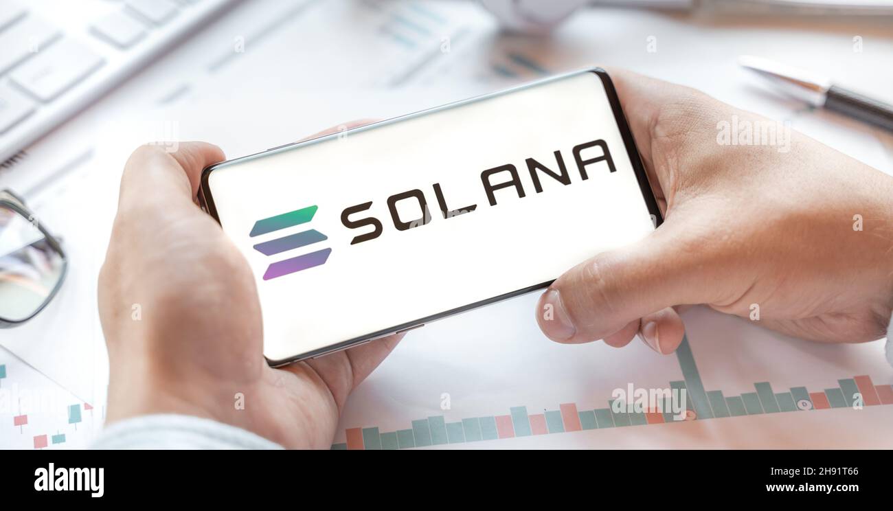 Logo of Solana coin in tablet. Cryptocurrency SOL token. Trading ...