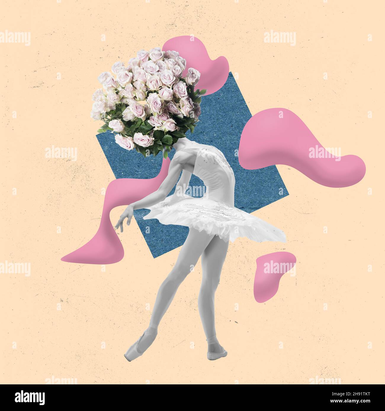 Contemporary art collage. Graceful ballet dancer headed of roses ...