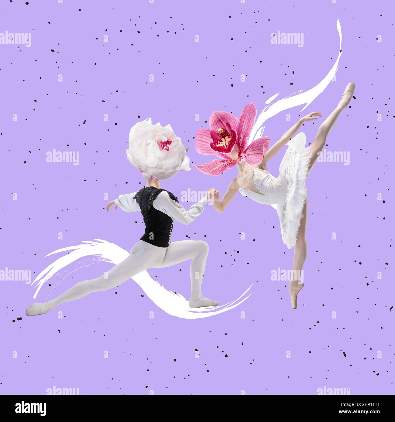 Contemporary art collage, modern design. Couple of dancers headed with ...