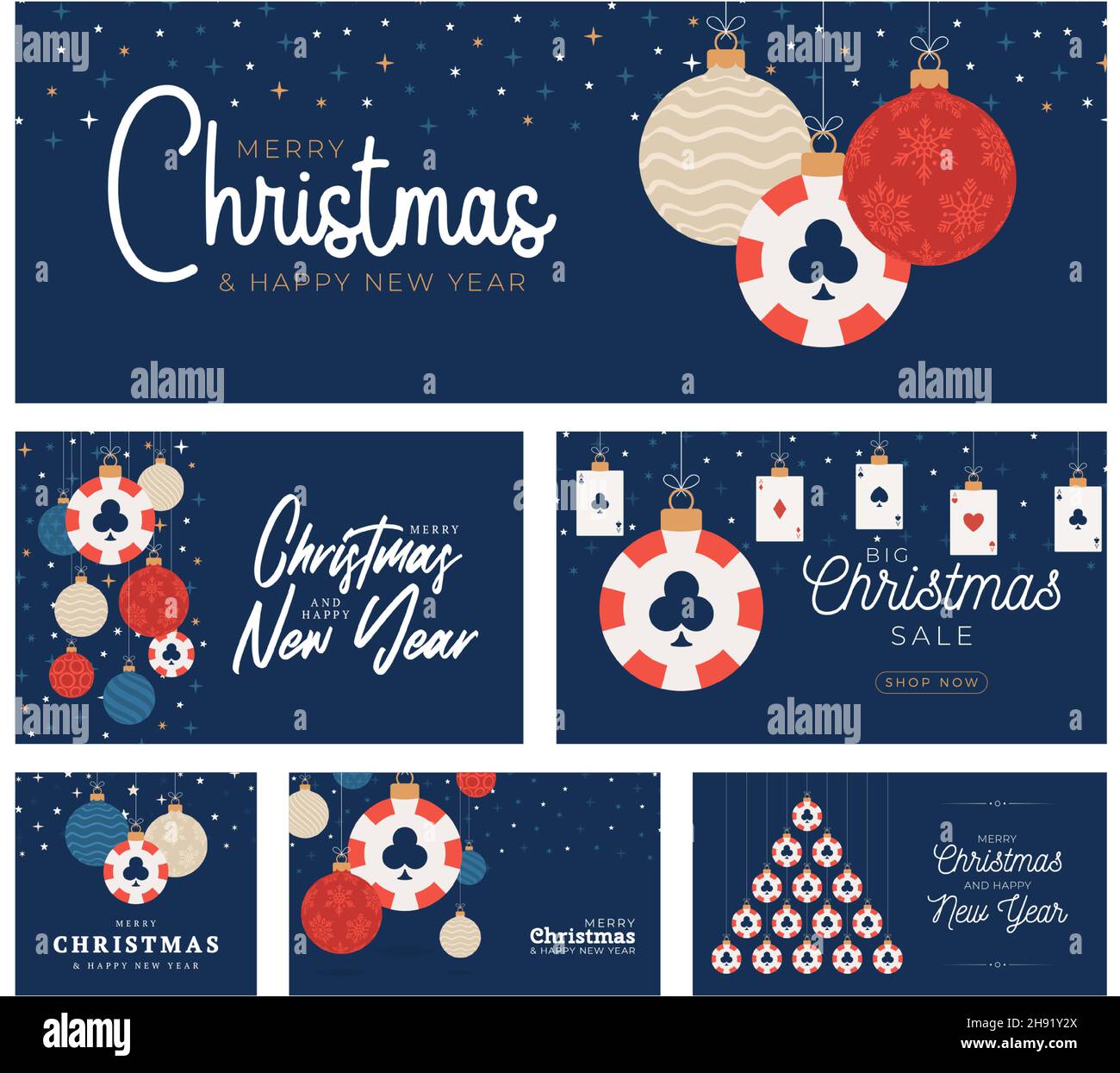 Casino Poker Christmas card flat set. Merry Christmas sport greeting ...