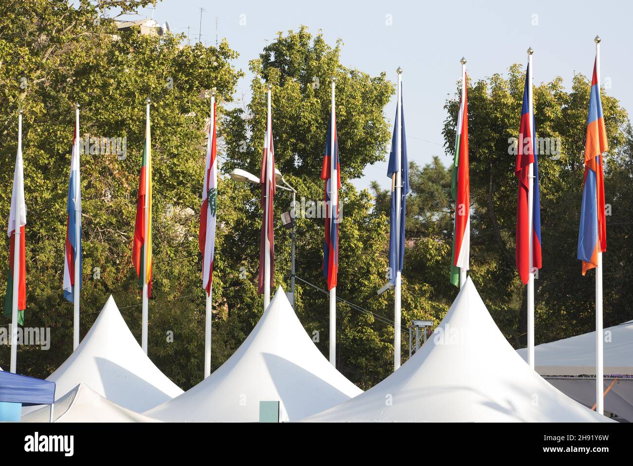 Flags of different countries with trees on the background Stock Photo ...