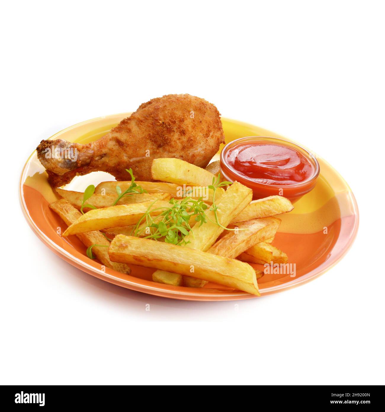 Fried chicken legs with french fries isolated over white Stock Photo ...