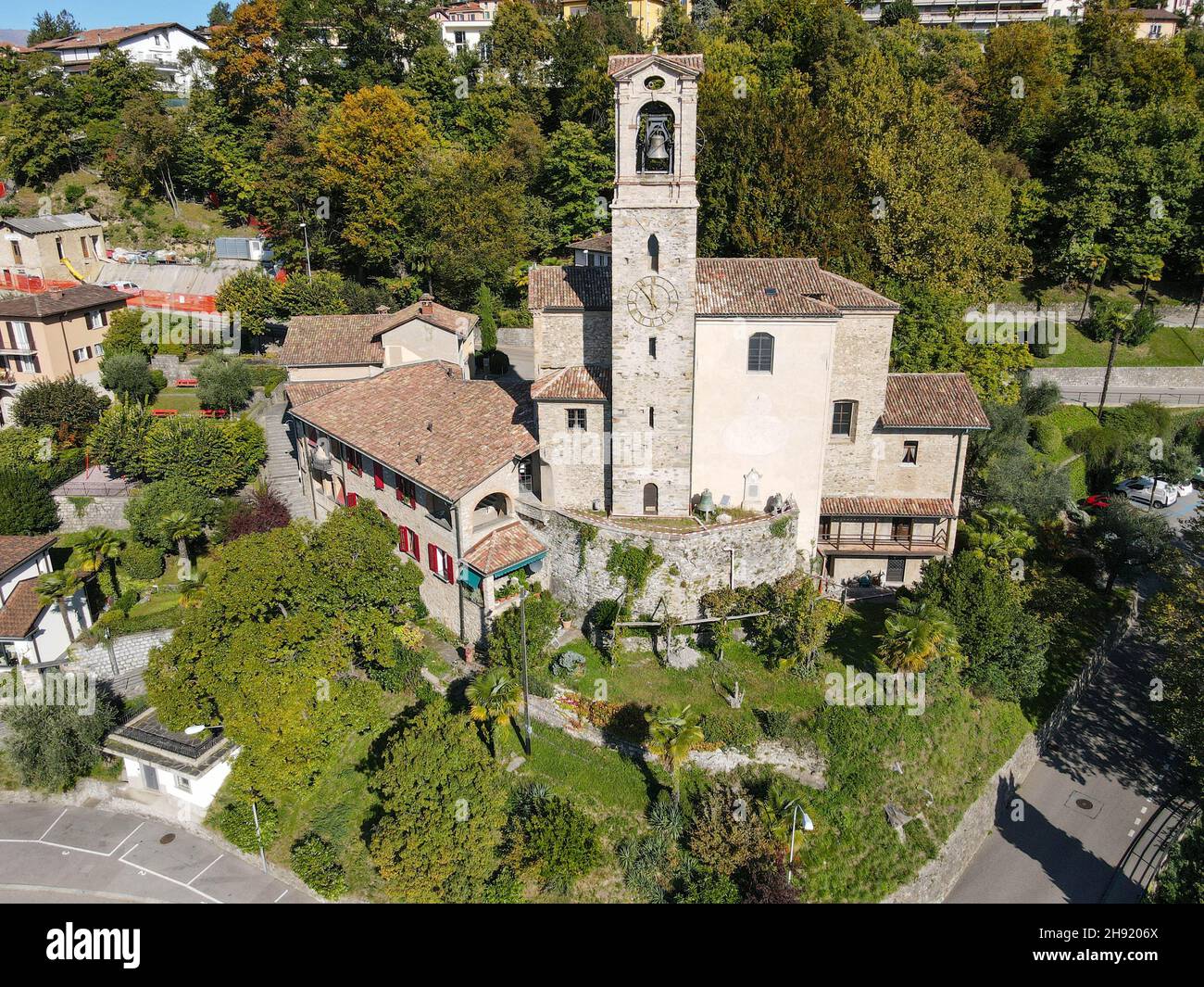 Drone view at St. George church at Lugano in the italian part of ...