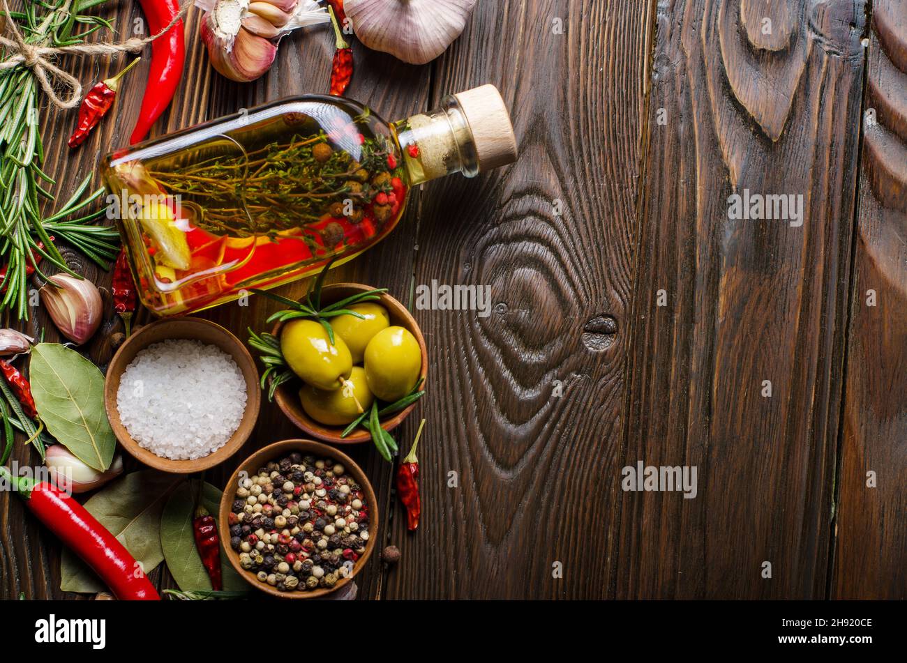 Flat lay Food background frame made of oils condiments and spices on ...