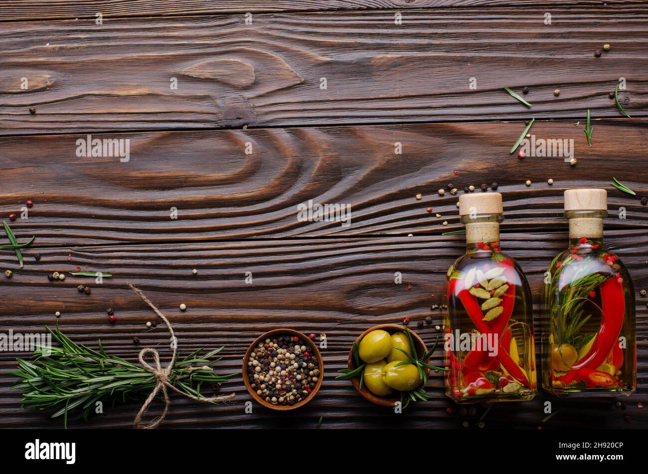 Flat lay Food background frame made of oils condiments and spices on ...