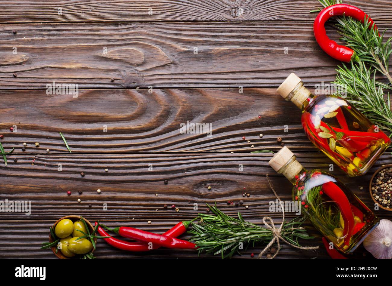 Flat lay Food background frame made of oils condiments and spices on ...