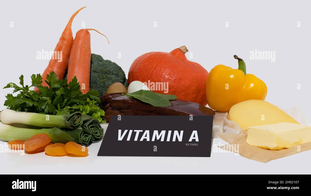 A set of natural products rich in vitamin A retinol. Healthy food ...