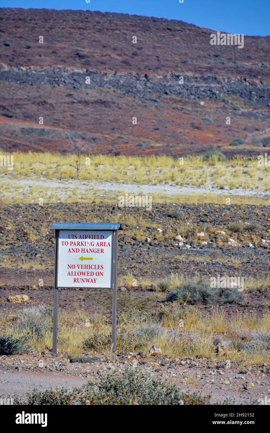 A sign of the airport in the isolated town of Uis in Namibia Southern ...