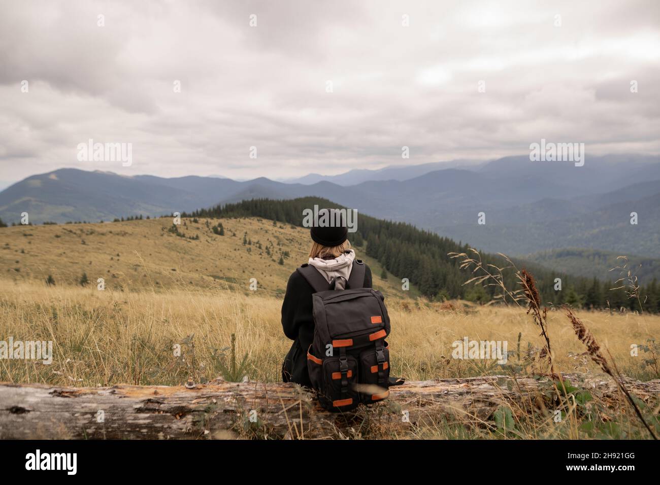 Lifestyle and survival concept back view. Hiking woman with a backpack ...