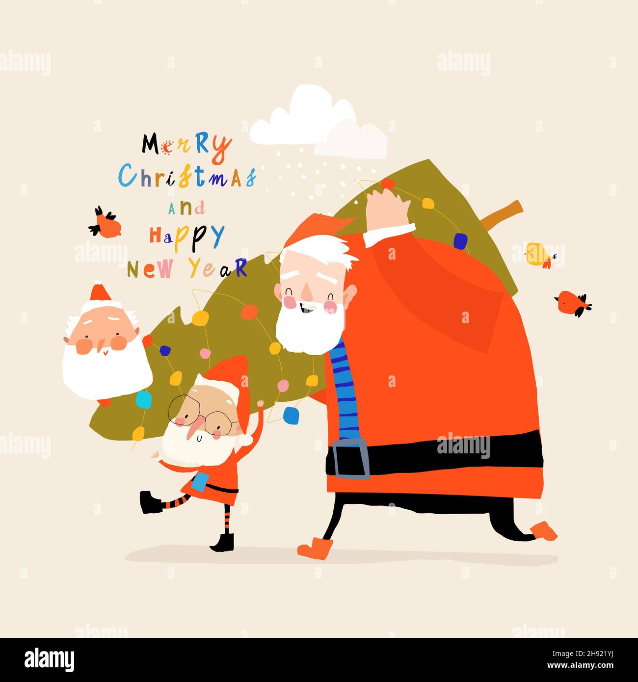 Cute Cartoon Santa Clauses carrying Big Christmas Tree Stock Vector ...