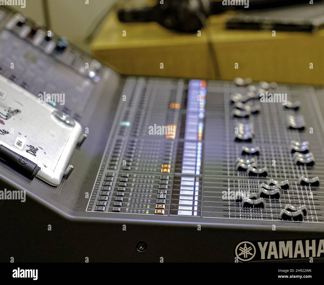 Professional sound and audio mixer control panel with buttons and ...